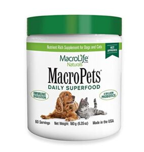 macrolife naturals macropets greens superfood supplement powder topper for dog cat small mammal, natural nutrition boost probiotics digestive enzymes vitamin e - immune gut health & energy - 6.35oz