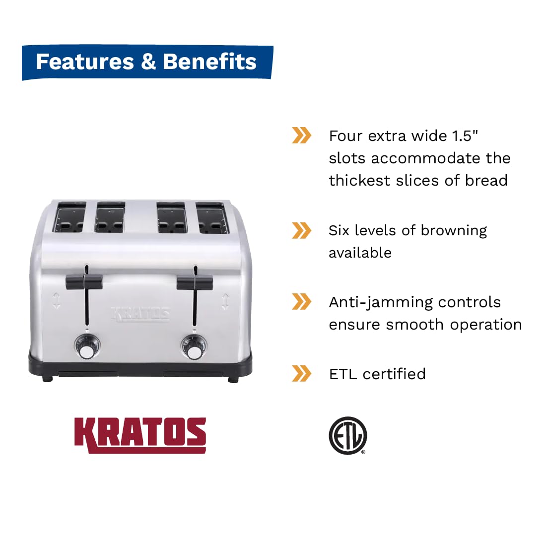 Kratos 29M-011 Four-Slice Commercial Electric Pop-Up Toaster with Wide 1.5" Slots, Stainless Steel Toaster, 120V, 1800 Watts