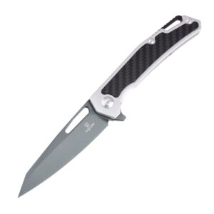 shieldon barraskewda folding knife 3.74" gray titanium coating d2 steel reverse tanto point blade stainless steel and carbon fiber handle frame lock pocket knife