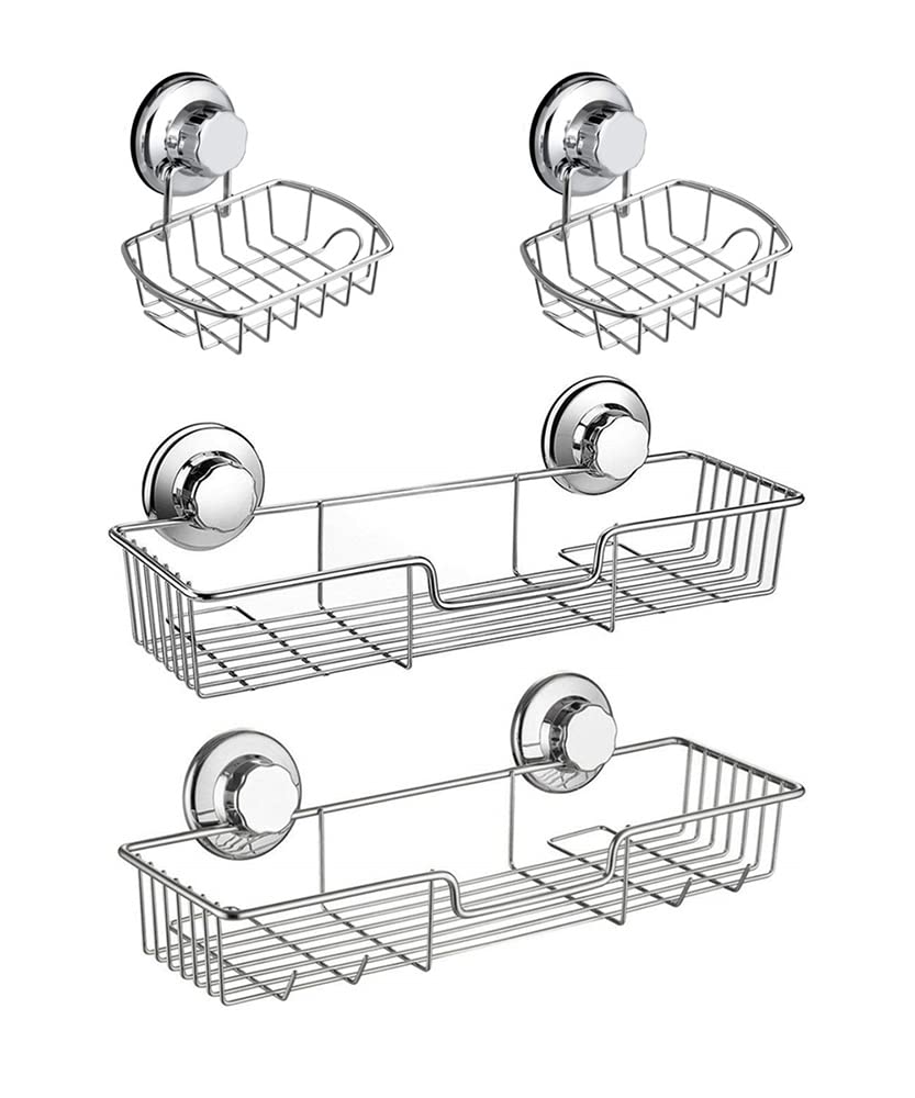 SANNO Suction Cups Shower Caddy Suction Soap Holder, Shower Organizer with Soap Holder Wall Mounted Stainless Steel Rustproof Shower Basket