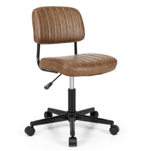 giantex leather office chair, armless low-back computer desk chair, retro swivel rolling task chair height adjustable pu leisure office chair for kids teens adults (brown)