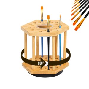 zion l&j rotating paint brush organizer spins 360 degrees - holds 24 brushes - bamboo wooden hexagonal design paint brush storage with 1 centre hole, paint brush holder for artist desk, arts & crafts