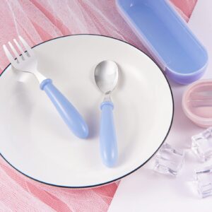 Kirecoo 4 Pieces Toddler Utensils Stainless Steel Baby Forks and Spoons Silverware Set Kids Silverware Children's Flatware Kids Cutlery Set with Travel Carrying Cases for Lunch Box (Blue＆Pink)