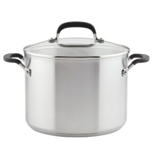 kitchenaid stainless steel stockpot with measuring marks and lid, 8 quart, brushed stainless steel