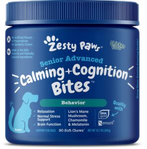 zesty paws senior advanced calming & cognition soft chews for dogs - supplements for dog brain health & nervous system support + calming & relaxation -with ashwagandha, dha & melatonin