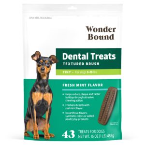 amazon brand - wonder bound dog dental treats for tiny dogs (5-15 lbs), fresh mint flavor, made with real chicken, nubbed texture for plaque & tartar control, freshens breath while chewing, 43 count