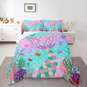 erosebridal twin comforter set for girls, mermaid twin bedding sets for girls kids toddler ocean fish scales quilt rainbow bedding coastal nautical sea animal duvet insert teal pastel pink room decor