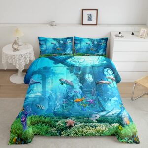 erosebridal 3d underwater world bedding set beach fish sea blue comforter set queen size, shark dolphin duvet filler for kids child, jellyfish starfish quilted duvet tropical sealife bedroom decor