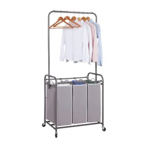 storage maniac 136l laundry sorter with hanging bar, portable, removable laundry hamper cart with heavy duty rolling lockable wheels and removable bags, rolling laundry basket organizer, 3 section