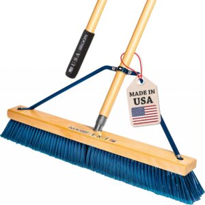 usa broom 24" heavy duty indoor/outdoor push broom with 60" handle. ideal for garages & shops. durable american made steel brackets-all stainless steel hardware. no plastic. 100% made in the usa.