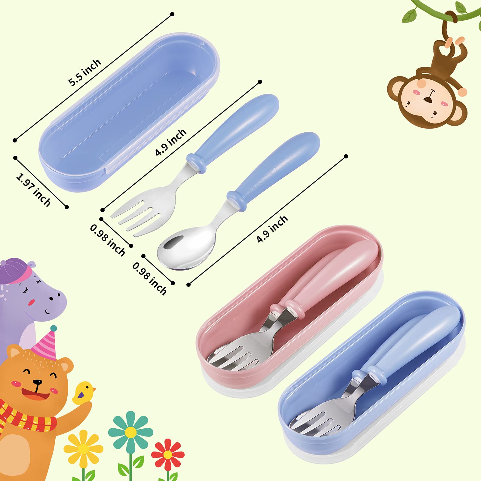 Kirecoo 4 Pieces Toddler Utensils Stainless Steel Baby Forks and Spoons Silverware Set Kids Silverware Children's Flatware Kids Cutlery Set with Travel Carrying Cases for Lunch Box (Blue＆Pink)