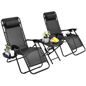 athlike outdoor textilene zero gravity chairs set, adjustable & folding patio lawn reclining lounge, anti-gravity camping metal steel chair w/side table, cup holders, pillows (black)