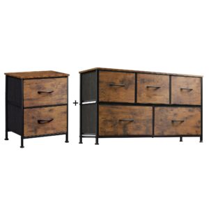 wlive 2-drawer nightstand and 5-drawer dresser set, fabric storage tower for bedroom, hallway, closets, tall chest organizer unit with textured print fabric bins, steel frame, wood grain print