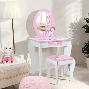 honey joy kids vanity set with mirror, wooden princess makeup table and stool set, detachable mirror & storage drawer, pretend play toddler girl vanity, vanity for little girls (unicorn white)