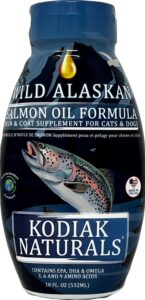 kodiak naturals 18oz wild alaskan salmon oil formula for dogs & cats, a balanced blend of pure fish oils with epa and dha from wild-caught fish. support for skin & coat, joints, and immune health.