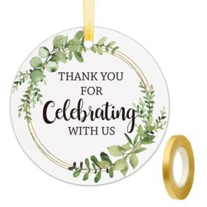 thank you for celebrating with us tags, thank you tags for wedding favors, bridal showers, birthdays, parties and baby showers, thank you gift tags with string, 2 inches, 50 count.