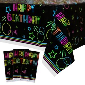 xjlantte 3 pack glow party tablecloth supplies - neon plastic disposable birthday table cover, black light rectangle all over print table cloth 51"x86.6" for glow in the dark parties decorations