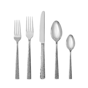 fortessa nomad stainless steel flatware, mirrored hammered stainless steel, 20 piece place setting, service for 4