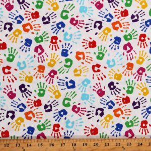 cotton handprints hand prints rainbow multi-color on white top of the class kids cotton fabric print by the yard (d587.72)