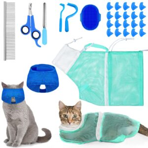 9 pieces cat bathing bag set cat shower bag anti bite and anti scratch cat grooming bag for pet washing brush comb, cat muzzle, nail clipper, nail file, tick tool (blue, turquoise)