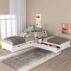 l-shaped twin platform bed frame with trundle and 2 storage drawers, corner wood twin platform bed frame linked with built-in table for kids boys girls teens adults, no box spring need, white