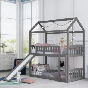 house bunk beds with slide twin over twin floor bunk bed frame wood playhouse bunkbed with storage for kids toddlers girls/boys, gray