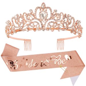 bride to be sash & bride crown kit, cieher bridal shower decorations rose gold bachelorette party decorations queen princess crown for women girls, bridal tiara gifts for bride crytal crown and