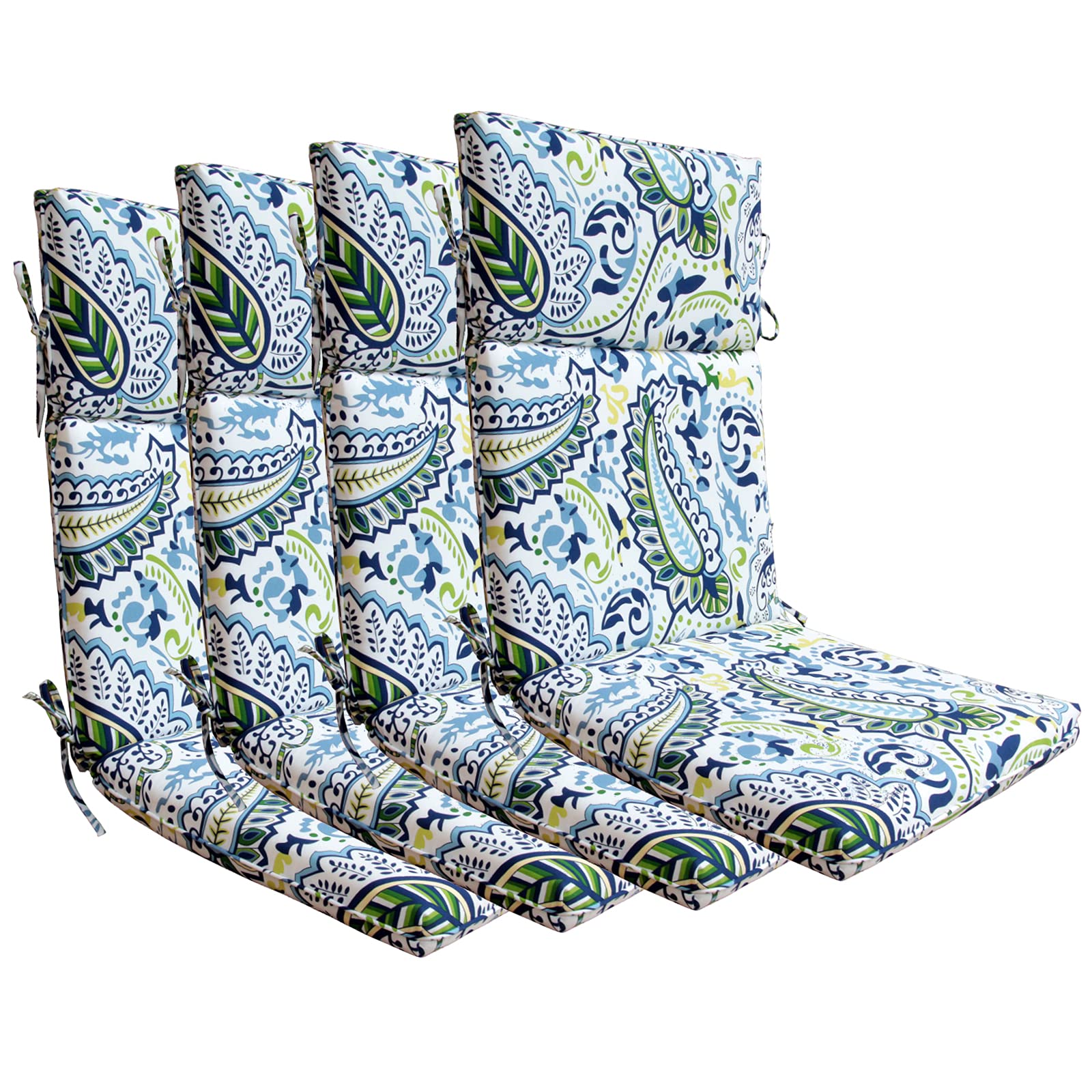 BOSSIMA Indoor Outdoor High Back Chair Cushions Replacement Patio Chair Seat Cushions Set of 4 Green/Blue Paisley