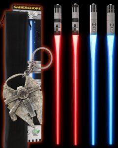 saberchops lightsaber chopsticks star wars gifts led light up reusable light saber removable handle dishwasher safe red & blue 2 pairs & free millennium falcon keychain bottle opener,red & blue