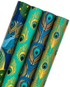 wrapaholic peacock christmas wrapping paper roll - green peacock elements patterns with metallic foil shine - 4 rolls - 30 inch x 120 inch per roll