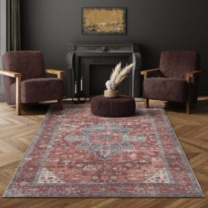 adiva rugs machine washable 5x7 area rug with non slip backing for living room, bedroom, bathroom, kitchen, printed vintage home decor, floor decoration carpet mat (terra, 5' x 7')