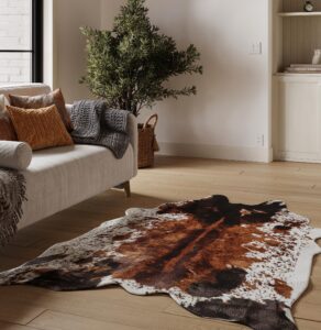 nativeskins faux cowhide rug – earthy browns (oversized) | 6.2ft x 8.2ft | triple-layer support | ultra-soft pile | hand-cut, faux suede no-slip backing | western rug | cow hide animal print rug