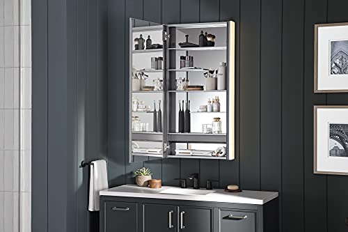 KOHLER K-81148-SLE-DA Maxstow Medicine Cabinet with LED Light, Mirror Door & Staggered Shelves, Rectangular Frame, 22" x 40"