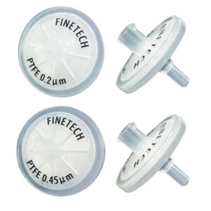 hydrophobic ptfe syringe filters 25mm diameter 0.45μm pore size for laboratory filtration by finetech (pack of 20) made in taiwan (ptfe hydrophobic 25mm 0.45um, 20)