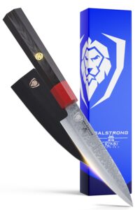 dalstrong paring knife - 4.5 inch - ronin series - double bevel blade razor sharp - japanese aus-10v super steel - damascus - g10 handle kitchen knife - black acacia wood sheath