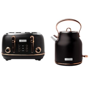 haden heritage series stainless steel electric water and tea kettle & 4 slice wide slot stainless steel toaster kitchen bundle set, black and copper