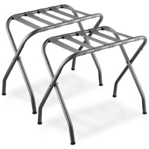 bartnelli 2-pack folding luggage rack collapsible metal suitcase stand with durable black nylon straps- for bedroom, guest room, or hotel (gray steel)