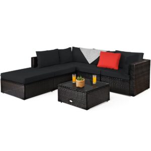 tangkula 6 piece patio furniture set, outdoor deck lawn backyard durable steel frame pe rattan wicker sectional sofa set, conversation set with coffee table (black)