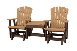 dutchcrafters slat fan back double poly adirondack glider outdoor patio chairs with center table (tudor brown & cedar)