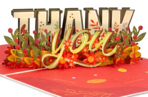 paper love 3d thank you pop up card, for all occasion, thanksgiving, gratitude or just because - 5" x 7" cover - includes envelope and removable note tag