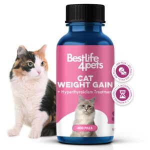 cat weight gain & hyperthyroidism treatment - safe and effective cat appetite stimulant, thyroid and metabolic support, and cat weight management remedy - 400 all-natural odorless, tasteless pills