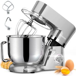 stand mixer, powwa 7.5 quart electric mixer, 6+1 speed 660w tilt-head kitchen food mixers with whisk, dough hook, mixing beater & splash guard for baking, cake, cookie (silver-with handle)