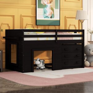 twin loft beds with storage drawers low loft bed frame with cabinet and bedside tray wood farmhouse loft bed for kids girls boys teens, espresso