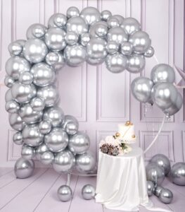 suwen silver metallic balloons kit 67pcs 10 inch 5 inch different sizes latex helium shiny chrome silver balloons for birthday graduation anniversary party decorations