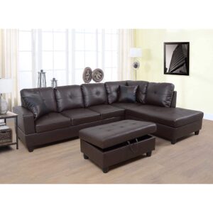 a ainehome sectional sofa faux leather modern l shaped couch set 103.5”wide including chaise and 3 seating sofa with storage ottoman for living room furniture (right hand facing, b-brown)