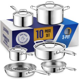 legend cookware 3 ply stainless steel pots and pans set | 10-piece, induction, non-toxic, oven safe | best 18/0 full clad | premium kitchen cooking, professional chef quality | pfoa, ptfe & pfos free