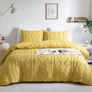 warmdern boho duvet cover set, tufted bedding duvet covers soft washed microfiber duvet cover king size, 3 pieces embroidery shabby chic duvet cover with zipper closure(yellow, king)