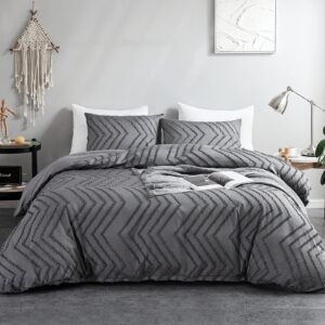 warmdern boho duvet cover set, tufted bedding duvet covers soft washed microfiber duvet cover twin size, 2 pieces embroidery shabby chic duvet cover with zipper closure(grey, twin)