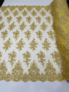 new creations fabric & foam inc, 50" wide floral design embroidery on a mesh lace with sequins and cord fabric (1 yard, metallic gold)