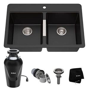 kraus 33 inch dual mount 50/50 double bowl granite kitchen sink w/top mount and undermount installation in black onyx with wasteguard™ continuous feed garbage disposal, kgd-433b-100-75mb